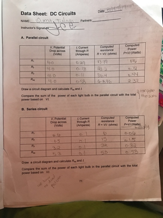 Solved Da Data Sheet: DC Circuits NAME: ( Instructors Signat | Chegg.com
