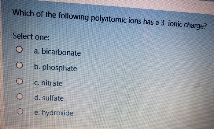 Solved Which of the following polyatomic ions has a 3 ionic | Chegg.com
