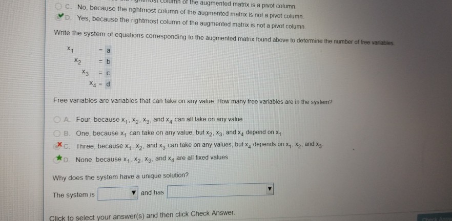 Solved noStColuin of the augmented matrix is a pivot column | Chegg.com