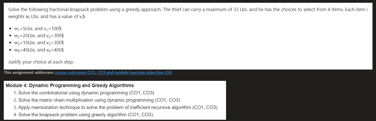 Solved Solve the following fractional knapsack problem using | Chegg.com