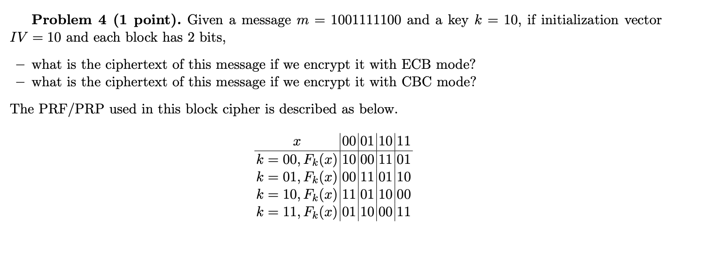 Solved Problem 4 (1 point). Given a message m=1001111100 and | Chegg.com