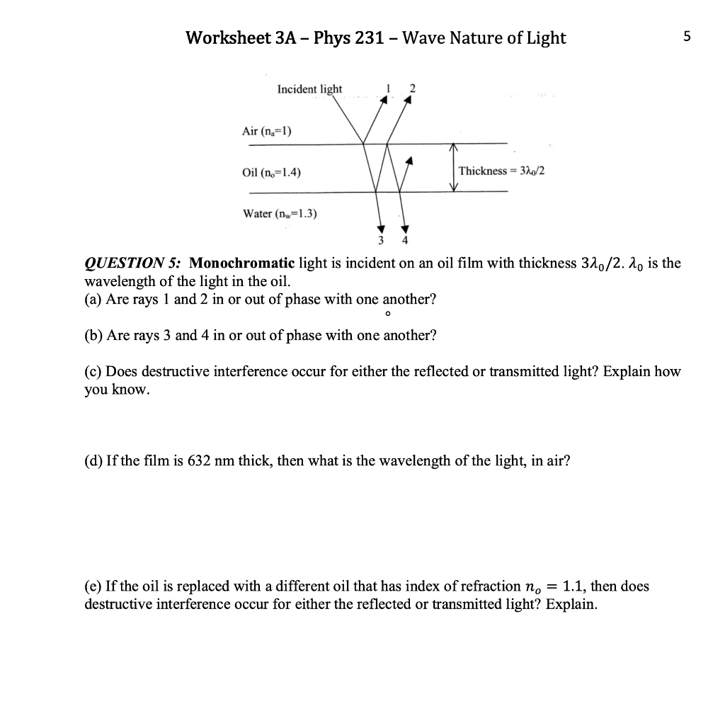 Solved Worksheet 3A - Phys 231 - Wave Nature of Light 5 | Chegg.com