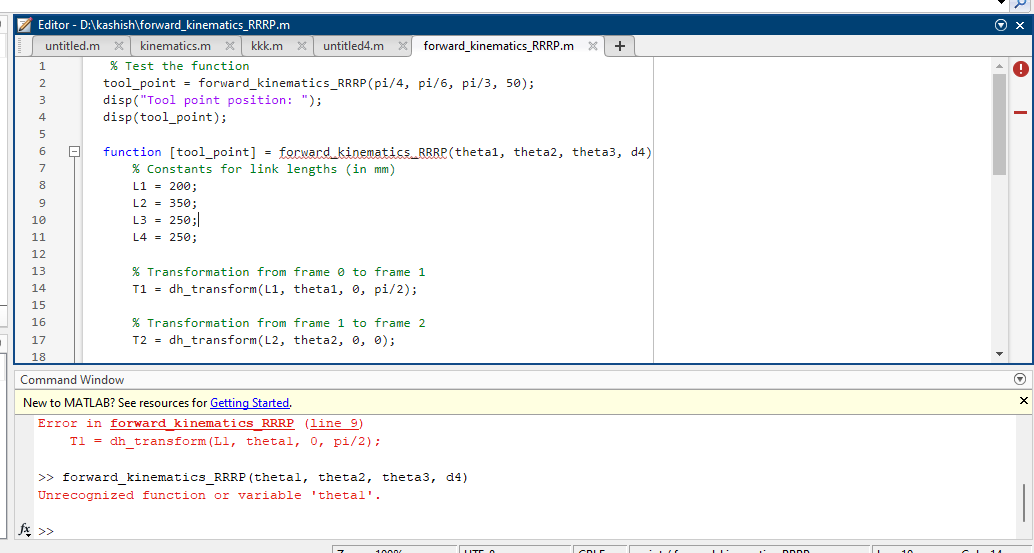 Editor - D:\kashish\forward_kinematics_RRRP.m | Chegg.com