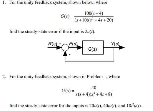 Solved For the unity feedback system, shown in Problem 1, | Chegg.com
