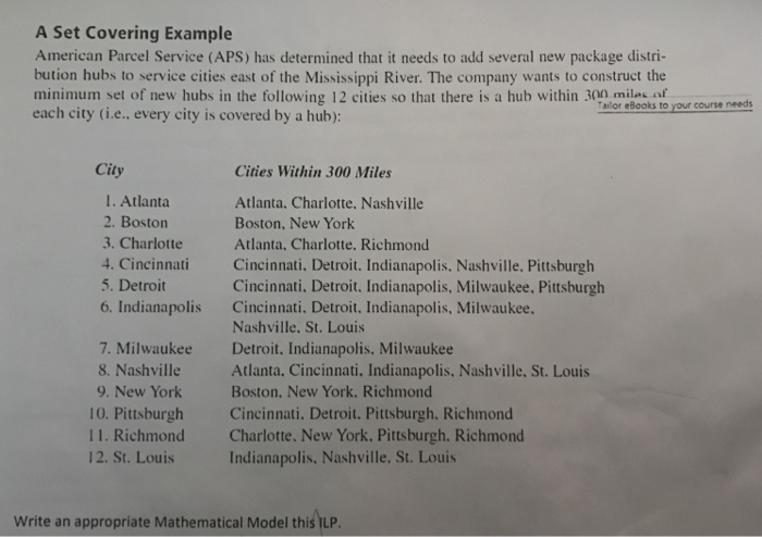 Solved A Set Covering Example American Parcel Service (APS) | Chegg.com