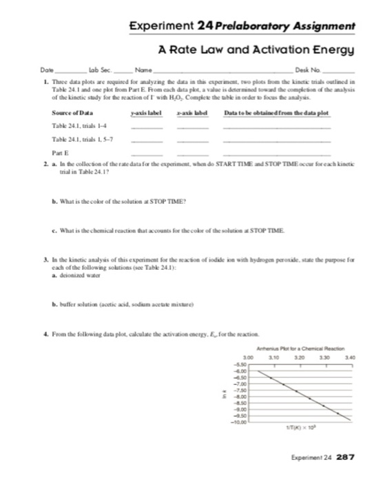 Experiment 24 Prelaboratory Assignment A Rate Law and | Chegg.com