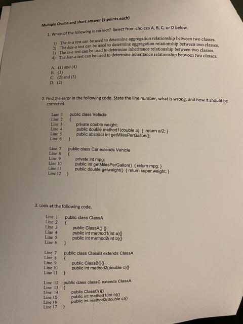 Solved Muletple Choice and short answer (5 points each) 1. | Chegg.com