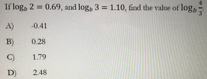 Solved If logb 2 = 0.69, and logb 3 = 1.10, find the value | Chegg.com