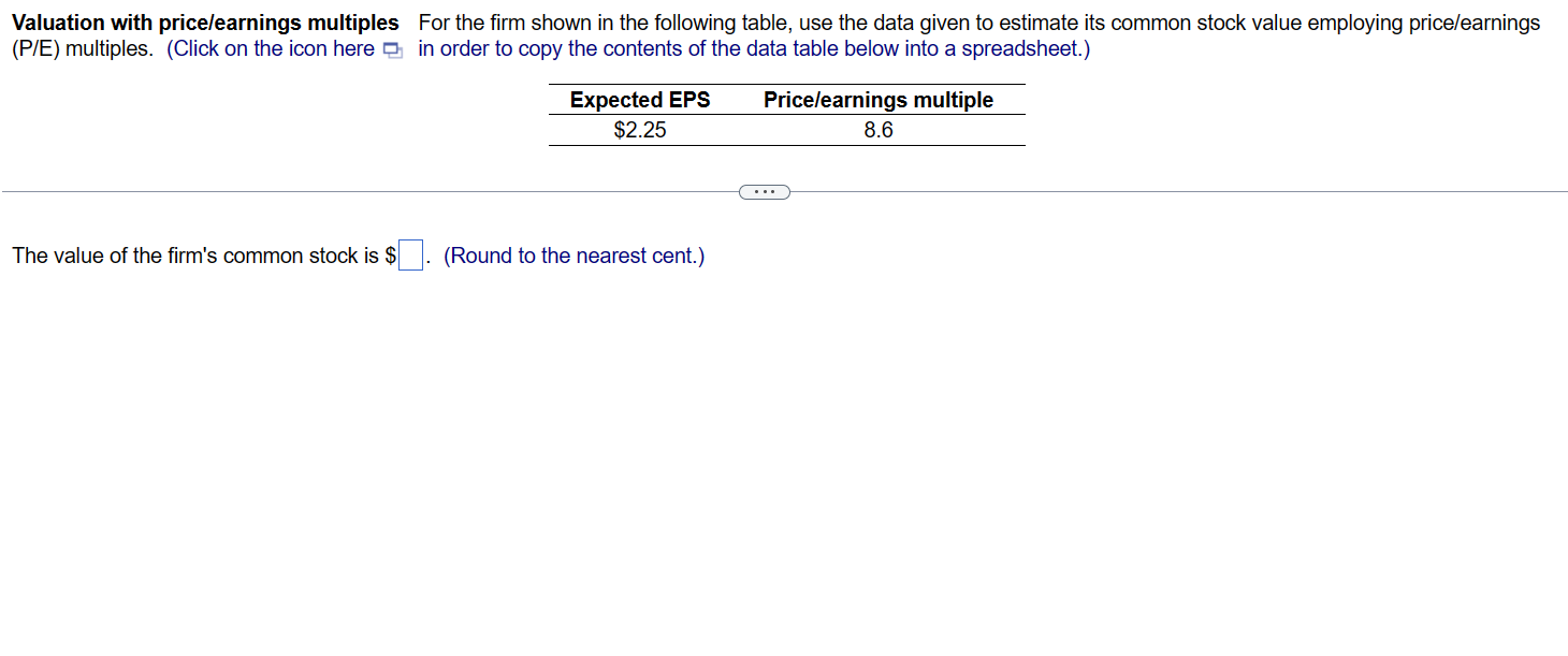 Solved Valuation with price/earnings multiples For the firm | Chegg.com