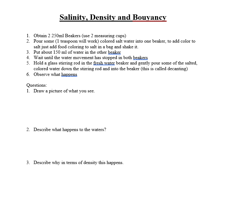 Solved Salinity, Density and Bouyancy 1. Obtain 2250ml | Chegg.com