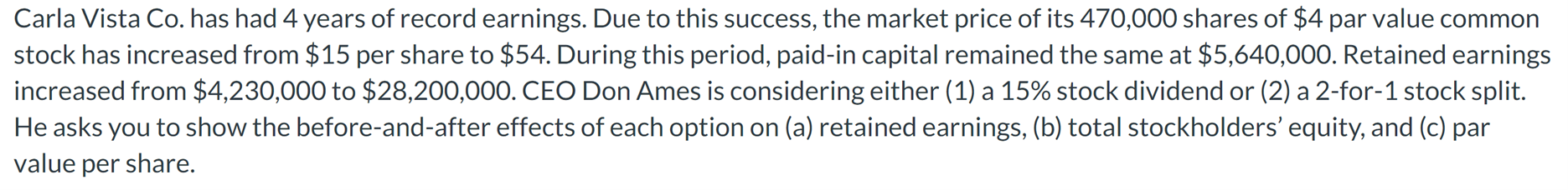 Solved Carla Vista Co. has had 4 years of record earnings. | Chegg.com