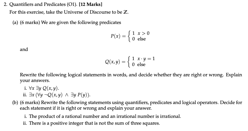 Solved 2 Quantifiers And Predicates 01 12 Marks For