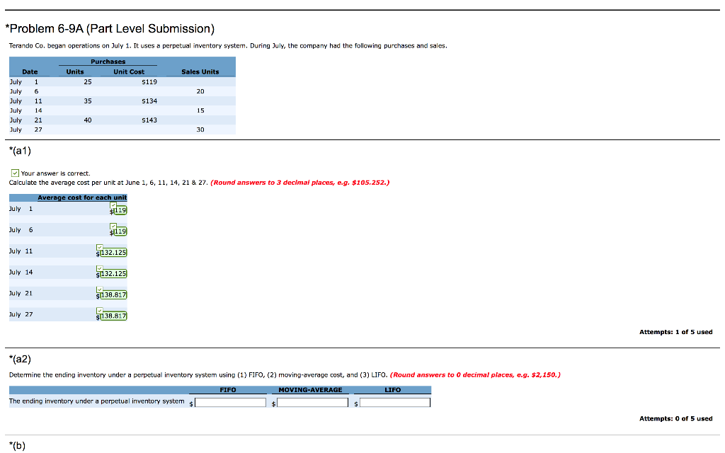 Solved *Problem 6-9A (Part Level Submission) Terando Co. | Chegg.com