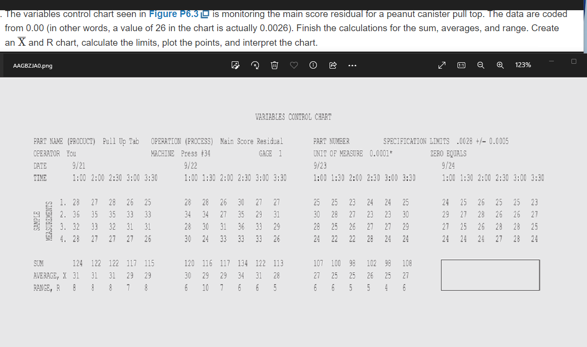 Solved The variables control chart seen in Figure P6.3 is | Chegg.com