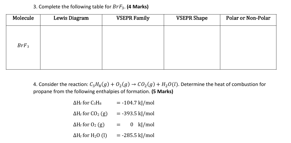 Solved 3. Complete the following table for BrF3. (4 Marks) | Chegg.com