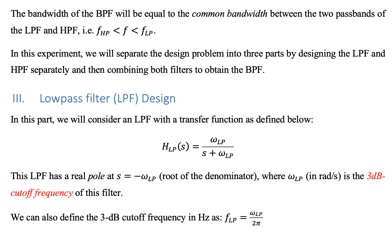 Solved II. Bandpass Filter (BPF) design A bandpass filter | Chegg.com