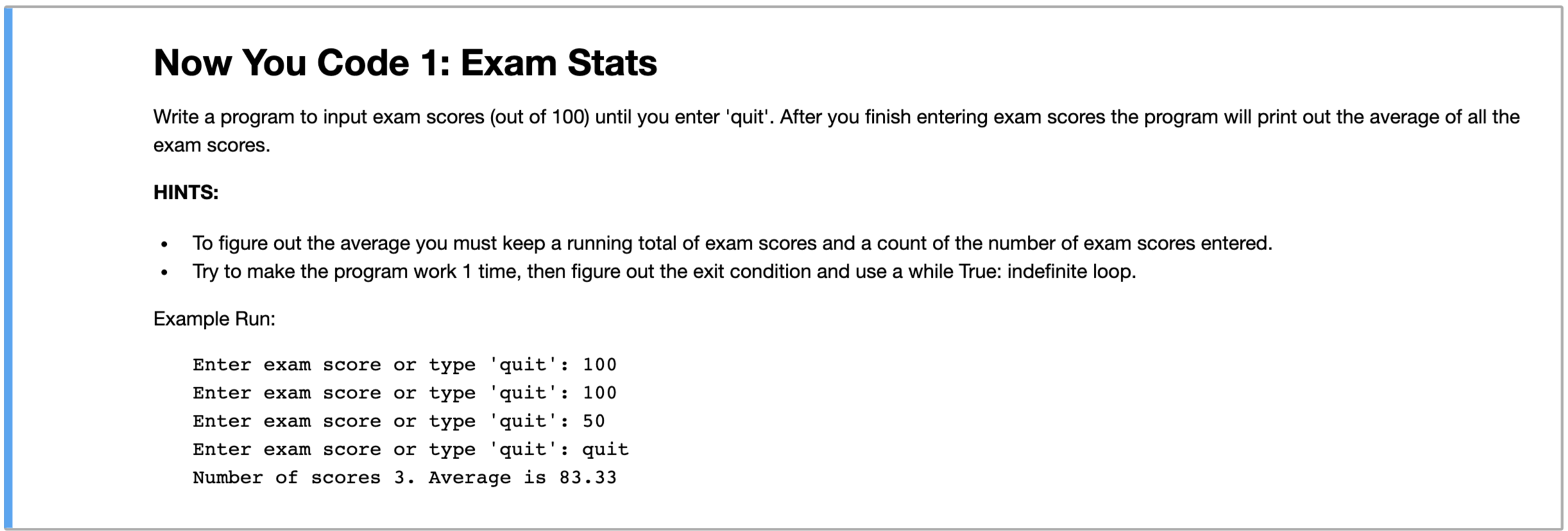 Solved Now You Code 1: Exam Stats Write a program to input | Chegg.com