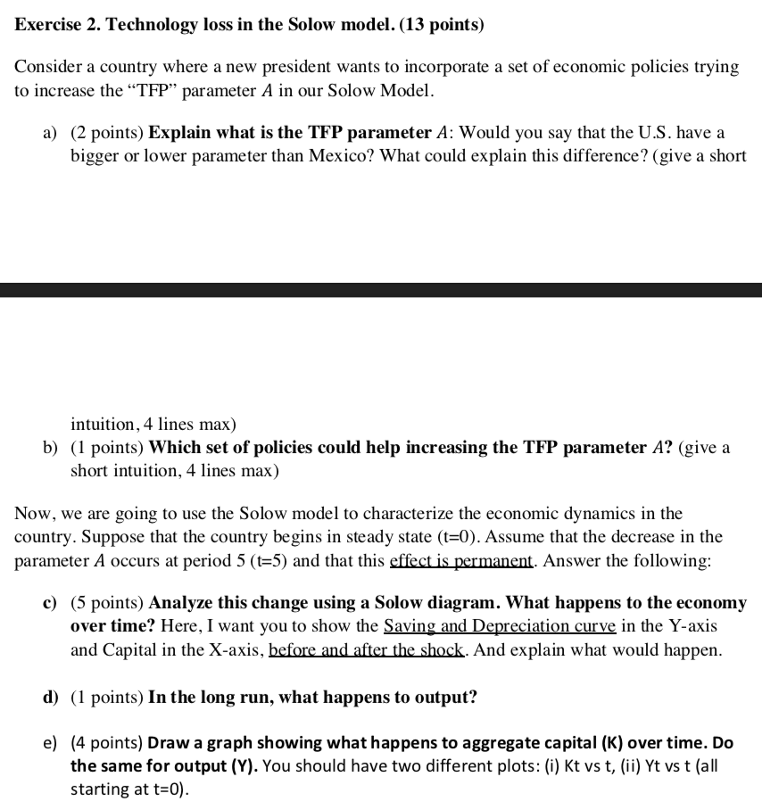 Exercise 2. Technology loss in the Solow model. (13 | Chegg.com