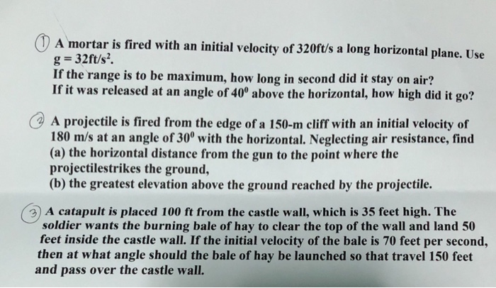 Solved A mortar is fired with an initial velocity of 320ft/s | Chegg.com
