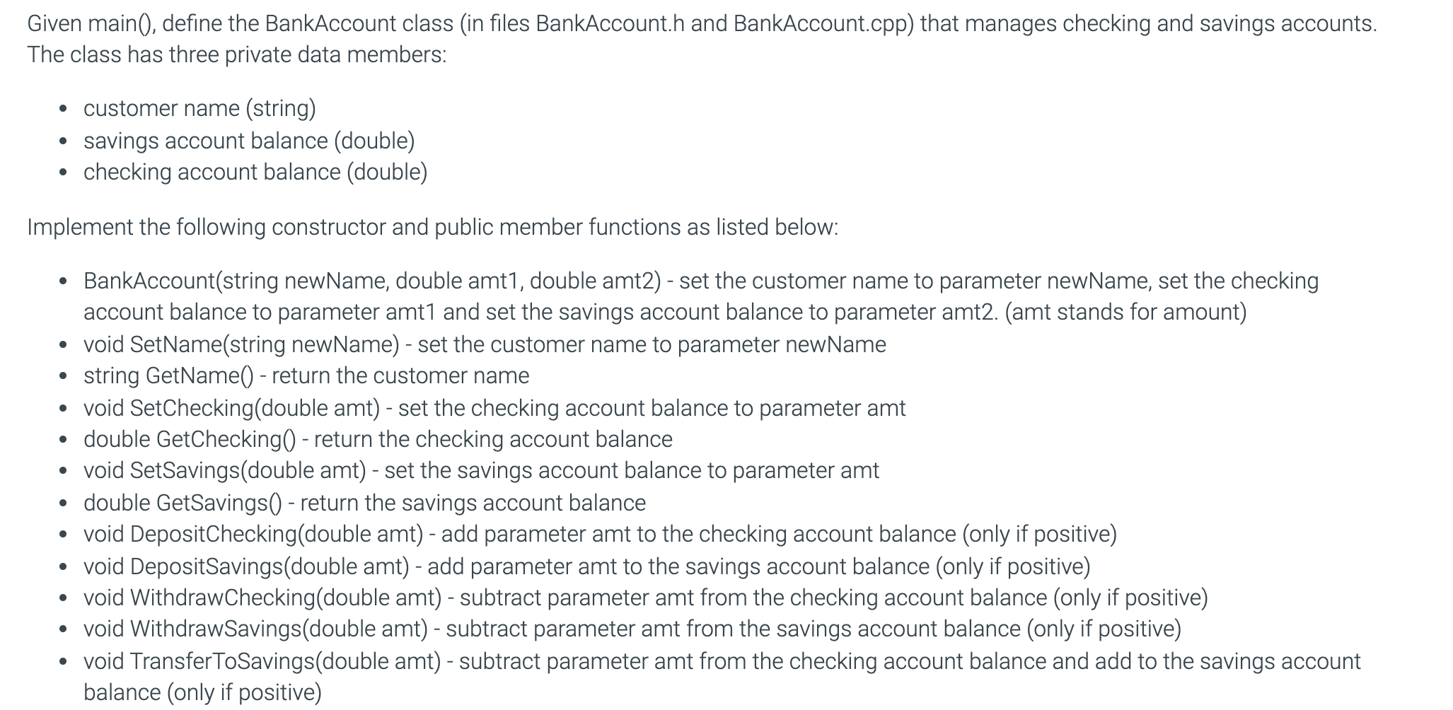 Solved BankAccount class (C++) Main.cpp //don't modify | Chegg.com