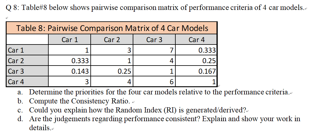 Solved Q 8: Table#8 below shows pairwise comparison matrix | Chegg.com