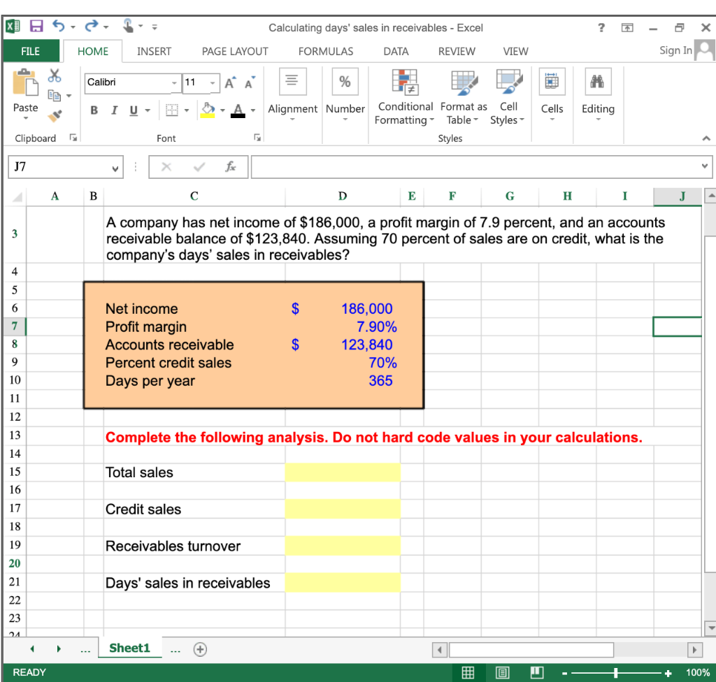 Solved XBA Calculating days' sales in receivables - Excel ? | Chegg.com