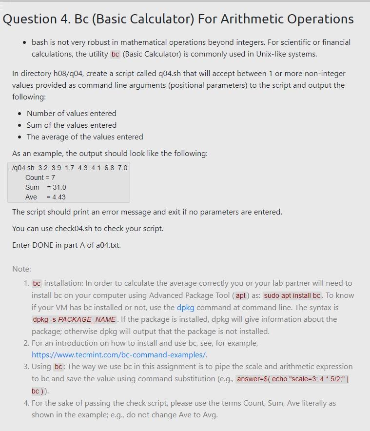 Solved Question 4. Bc (Basic Calculator) For Arithmetic | Chegg.com