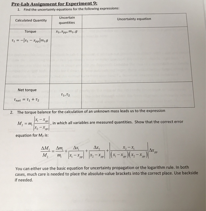 Solved 1. Find the uncertainty equations for the following | Chegg.com