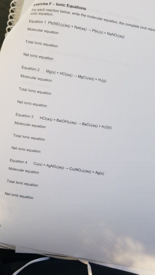 Solved cise F lonic Equations each reaction below, write the | Chegg.com