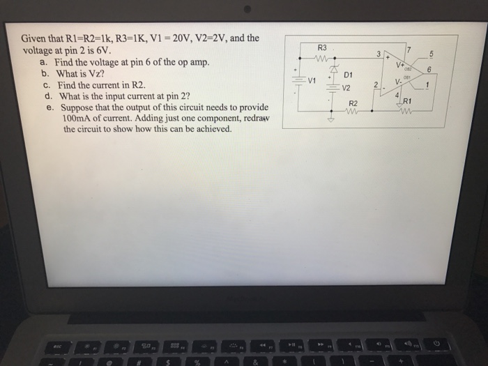 Solved Given that R1=R2=1k, R3=1K, V1 = 20V, V2=2V, and the | Chegg.com