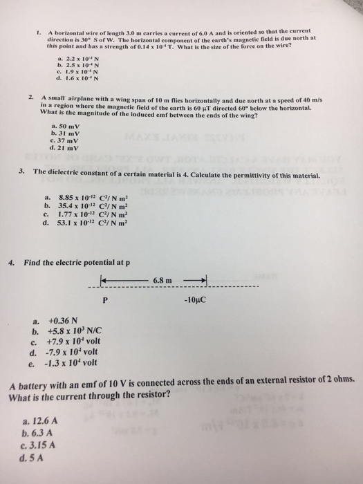 Solved A horizontal wire of length 3.0 m carries a current | Chegg.com