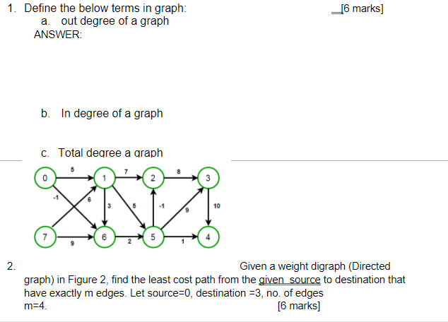 Solved _6 marks] 1. Define the below terms in graph: a out | Chegg.com