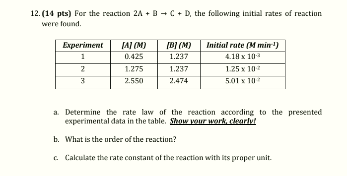 Solved 12 14 Pts For The Reaction 2a B C D The
