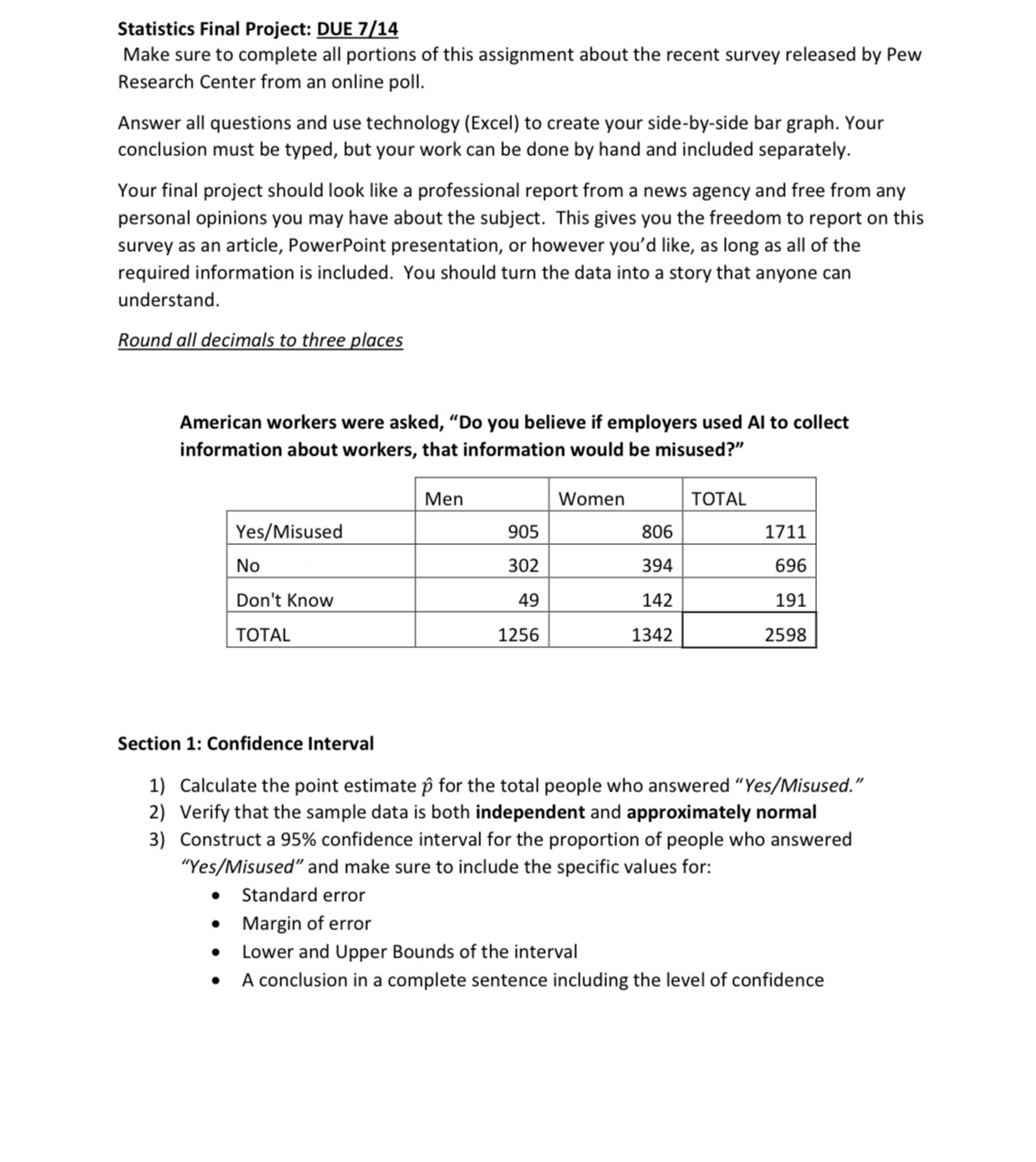 Solved Statistics Final Project: DUE 7/14 Make sure to | Chegg.com