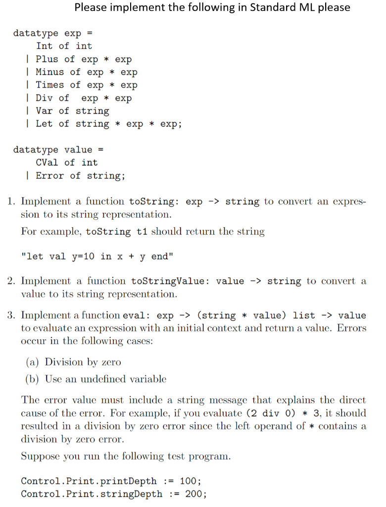 Please implement the following in Standard ML please | Chegg.com