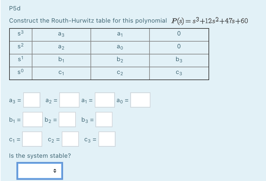 Solved P5d Construct the Routh-Hurwitz table for this | Chegg.com