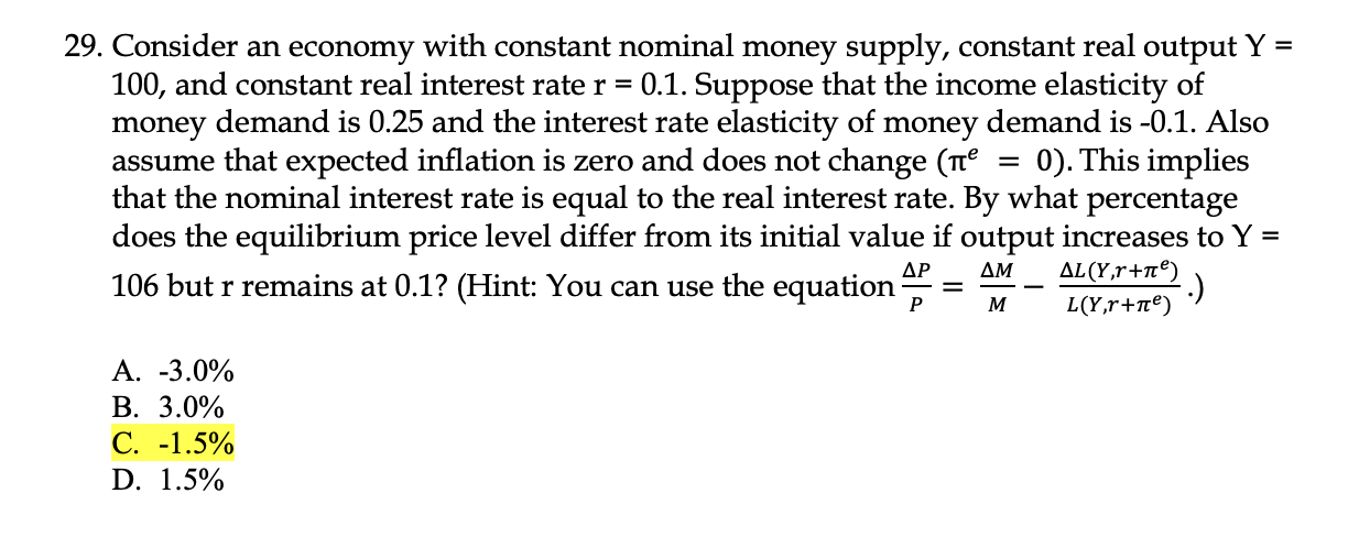 Solved 29. Consider an economy with constant nominal money | Chegg.com