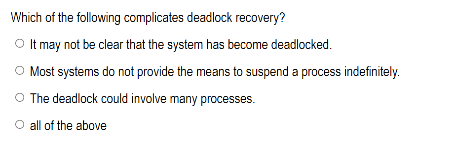 Solved Which of the following complicates deadlock recovery? | Chegg.com
