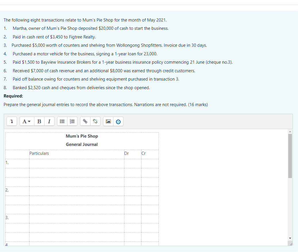 Solved The following eight transactions relate to Mum's Pie | Chegg.com