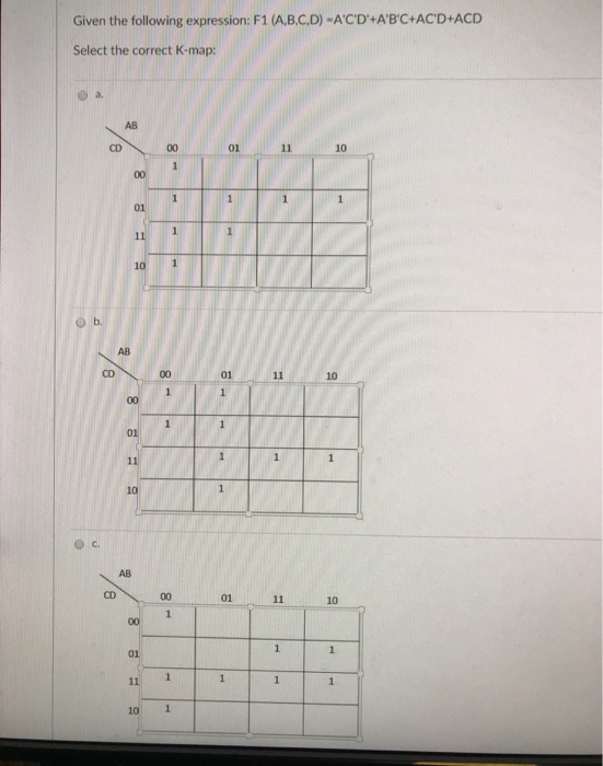 Solved Given the following expression: F1 (A,B.C.D) | Chegg.com