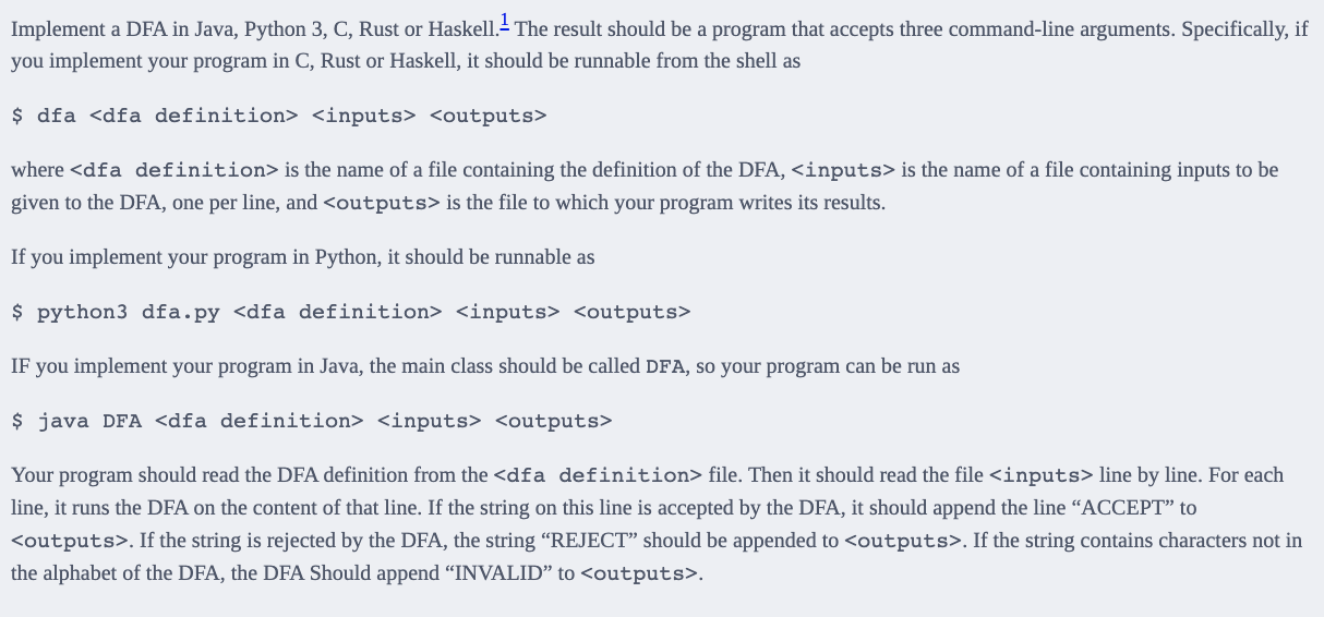 Solved Implement a DFA in Java, Python 3, C, Rust or | Chegg.com