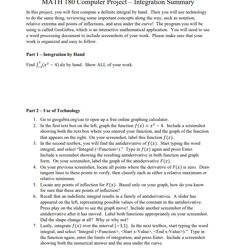 MATH 180 Computer Project – Integration Summary In | Chegg.com