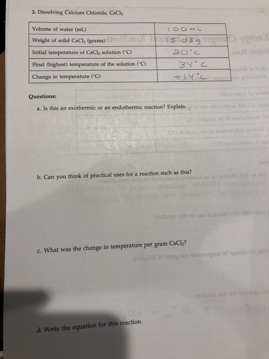 Solved 2. Dissolving Calcium Chloride, CaCl2 Volume of water | Chegg.com
