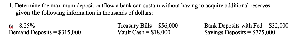 Solved 1. Determine the maximum deposit outflow a bank can | Chegg.com