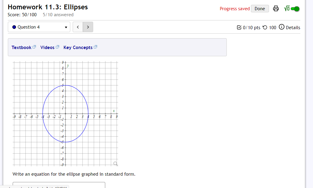 Solved Homework 11.3: Ellipses Score: 50/100 5/10 answered | Chegg.com