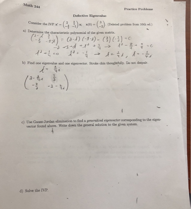 Solved Math 244 Practice Problems Defective Eigenvalue | Chegg.com