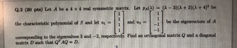 Solved Q. 2 (20 ﻿pts) ﻿Let A ﻿be a 4×4 ﻿real symmetric | Chegg.com