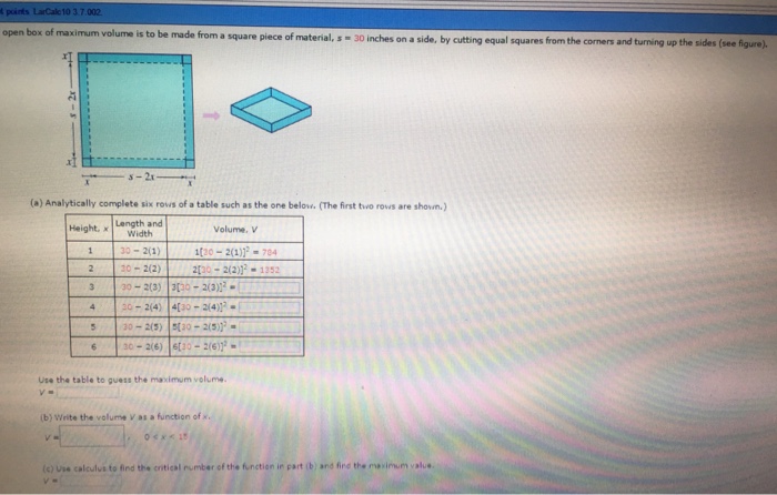 Solved Open box of maximum volume is to be made from a | Chegg.com