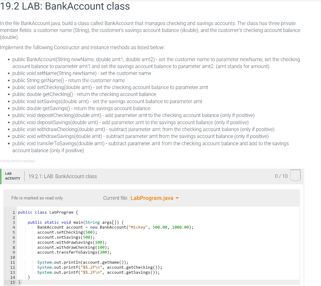 Solved 19.2 LAB: BankAccount class In the file | Chegg.com