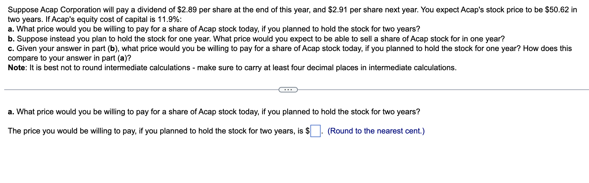 Solved Suppose Acap Corporation will pay a dividend of $2.89 | Chegg.com